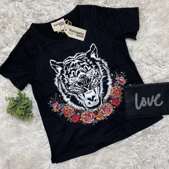 Savanna Jane | Tops | Savanna Jane Tiger Floral Embroidered Tee Black ...